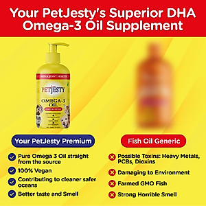 PetJesty Pure Omega 3 Oil for Dogs & Cats 26.39oz - Omega 3 Skin & Coat Support- Liquid Food Supplement for Pets - Vegan pet + DHA for Joint Function, Immune & Heart Health, Non Fish Oil Dog and Cat