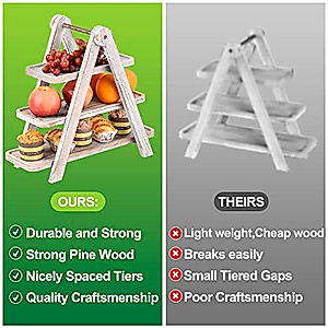 MHM 3 Tier Serving Tray Farmhouse Rustic Gray Wooden 3-Tier Serving Tray - 3 Tier Cupcake Stand Collapsible White Grey Rustic Serving Tray for Parties and Picnics