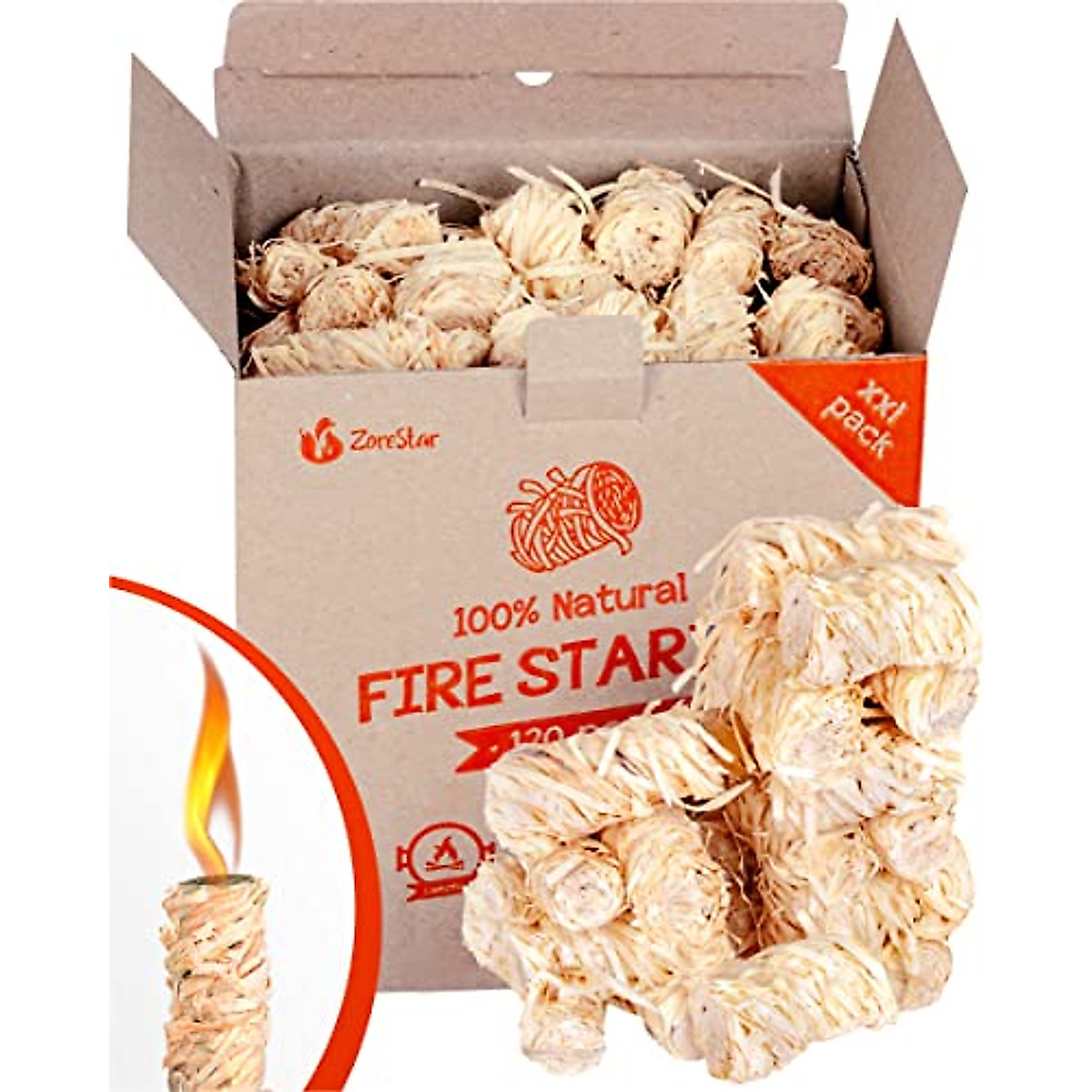 Zorestar Fire Starters XXL 120+ pc - Eco firelighters for Indoor and Outdoor Use and Fire Starter 60+ pc XXL Size - Сharcoal fire Starters