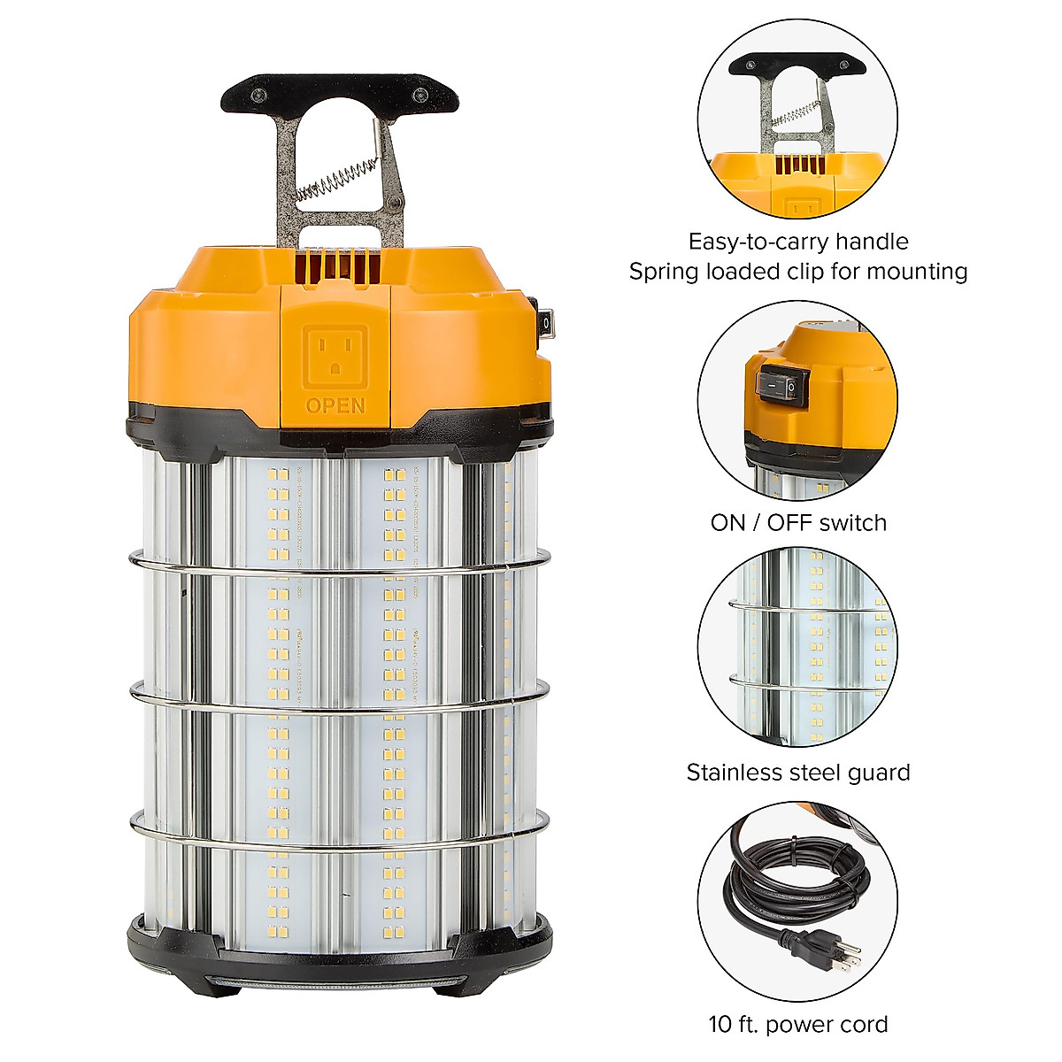 Maxxima High Bay LED Temporary Work Light Fixture - 150 Watt 1800 Lumens, Daylight 5000K, IP65, Linkable, Stainless Steel Cage Guard, Easy Latch to Mount, Plug in with Surge Protection