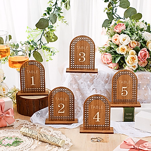 Soaoo 20 Pcs Wooden Table Numbers 1-20 Rattan Arch Wedding Table Numbers with Wooden Base Wooden Wedding Sign for Table Banquet Restaurant Wedding Party Decor