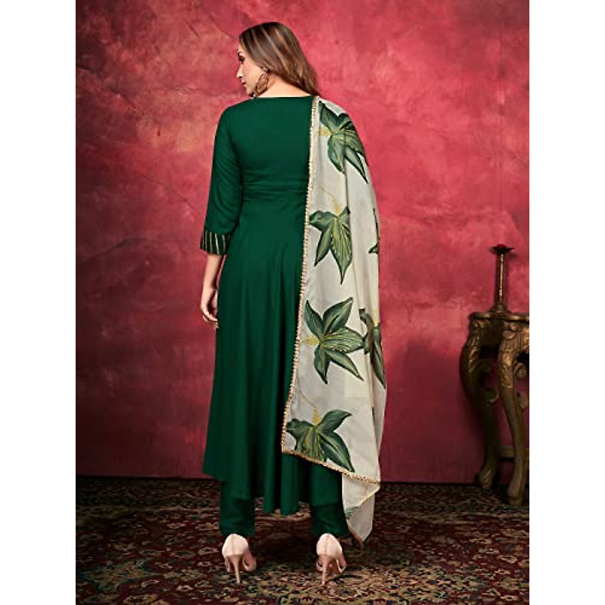 Indian Kurti for Womens With Pant & Dupatta | Rayon Foil Printed Long Kurta Partywear Kurtis For Women Tunic Tops Dark Green