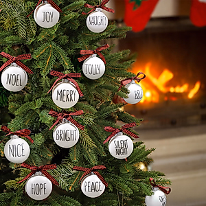 Christmas Ornaments - Set of 12 Shatterproof White Bulbs Adorned with Buffalo Plaid Bows - Rustic Farmhouse Christmas Tree Decorations for Xmas Tree Decor