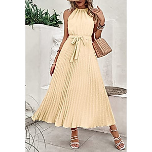 PRETTYGARDEN Women's Midi Summer Dresses Casual Halter Neck Swiss Dot Ruffle Sleeveless A Line Beach Sun Dress (Z_Apricot,Large)