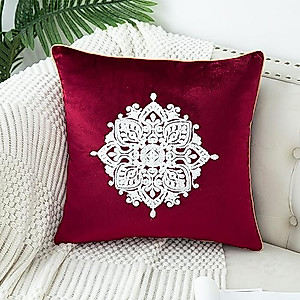 VOGOL Burgundy Thermal Curtains, Floral Noise Reducing Bedroom Curtains 84 Inch Length Soft Velvet Room Darkening Grommet Drapes, 2 Panels Bundle with Matching Throw Pillow Cover (18x18 in)