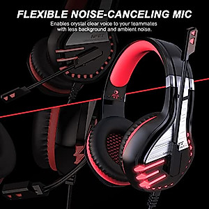 NPET HS10 Stereo Gaming Headset for PS4 PC Xbox One PS5 Controller, Noise Cancelling Over Ear Headphones with Mic,LED Light, Bass Surround, Soft Memory Earmuffs for Laptop Mac Nintendo NES Games Red