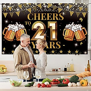 21st Birthday Decorations for Him Her, Cheers to 21 Years Birthday Backdrop Banner, Black Gold 21 Birthday Party Photo Props, 21 Birthday Yard Sign Poster Supplies for Outdoor Indoor, Fabric Vicycaty