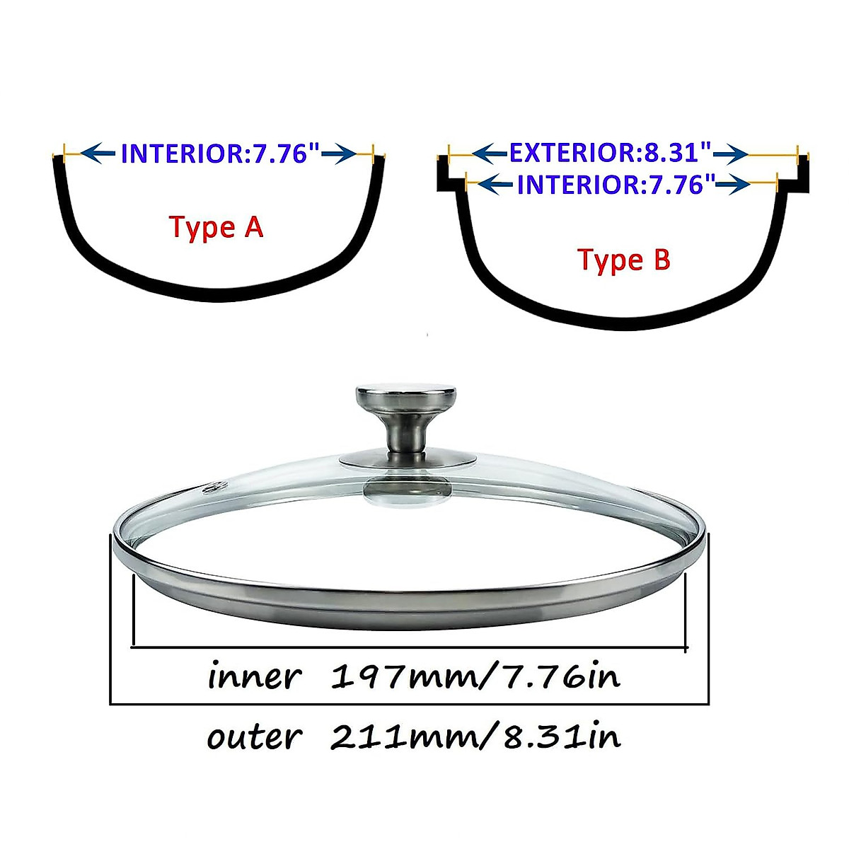 Bitray Glass Lid Cover for Frying Pan Fits Most of 8-inch Round Pots Pans Cookware Clear Glass Pot Lid with Round Knob