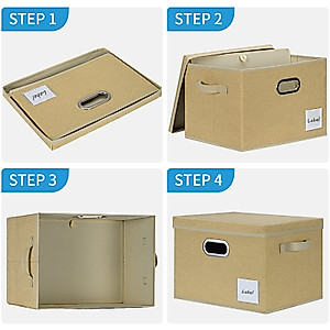 LHZK Large Storage Bins with Lids 6 Pack, Foldable Linen Fabric Storage Boxes with Lids, Sturdy Fabric Storage Bins with Label & 3 Handles for Shelves Bedroom Home Office (Beige, Large)