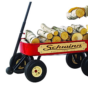 Schwinn Quad Steer 4x4 Wagon for Kids Red, Large Air-Filled Tires, Extra Deep Heavy Gauge Steel, Telescopic Extendable Handle, Real Wood Panels, Easy Assemble
