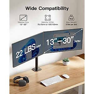 HUANUO Dual Monitor Mount for 2 Monitors up to 30 inches, Heavy Duty Dual Monitor Stand Holds up to 22 lbs, Dual Monitor Arm with Height Adjustable Tilt Swive Rotate, VESA Hole 75mm or 100mm