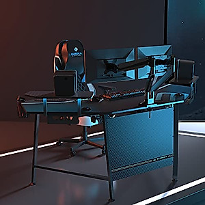 EUREKA ERGONOMIC Gaming Desk with Led Lights, 72" Large Wing-Shaped Studio Desk W Keyboard Tray Monitor Stand Dual Headphone Hanger Cup Holder for Live, Streamer