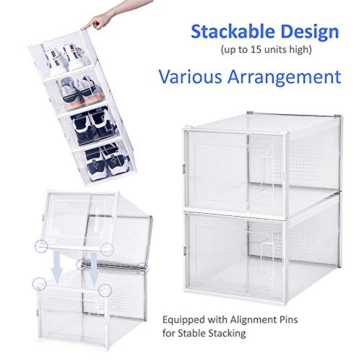 ACHub XL Stackable Shoe Box - Ventilated, Transparent Shoe Storage & Shoe Organizer for Closet, Garage, Under bed & Entryway - 6 Pack Collapsible, X-Large Sneaker Storage - White