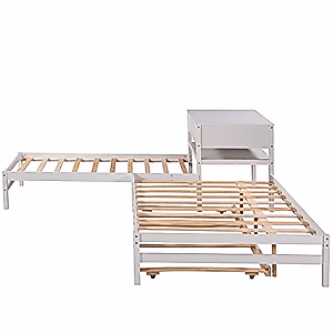 L-Shaped 2 Beds Twin Size & Full Size with Trundle Wood Platform Beds for 3 People Corner Bed Frames with Table for Kids Teens Adults, White