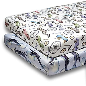 Extra Soft Stretchy Pack N Play Fitted Sheet Set for Baby, 2 Pack Premium Cotton Blend Mini Crib Sheets for Standard Pack N Play Mattress ,Plane and Car Pattern.
