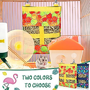 2 Pieces Guinea Pig Hay Bag Washable Pet Rabbit Hay Feeder Bag with 2 Holes Cute Small Animal Hanging Feeder Sack Storage for Rabbit Guinea Pig Chinchilla Hamster Small Pets (Flamingo, Orange)