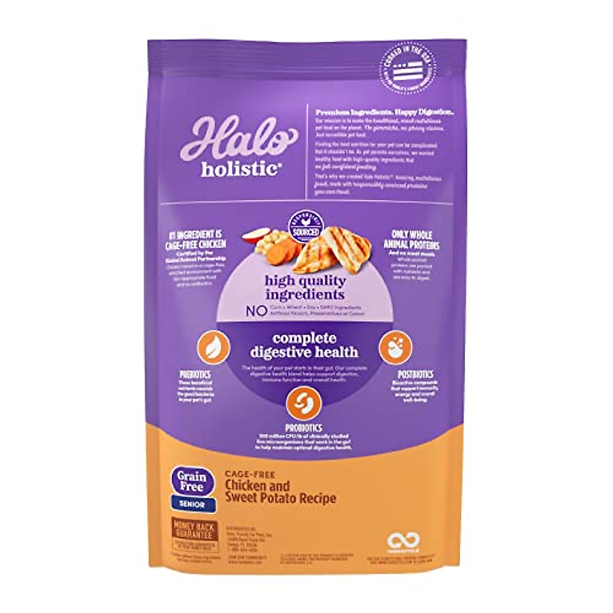 Halo Purely for Pets Holistic Dog Food, Complete Digestive Health Grain Free Cage-Free Chicken and Sweet Potato Recipe, Dry Dog Food Bag, Senior Formula, 10-lb Bag