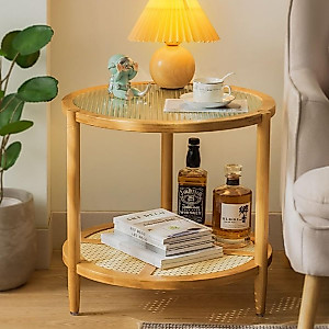 Gdrasuya10 Modern Bamboo Side Table End Table, 2 Tier Round Side Table with Rattan Shelf Glass Tabletop Accent Table Night Stand Bohemia Style for Living Room Balcony (22 inch)