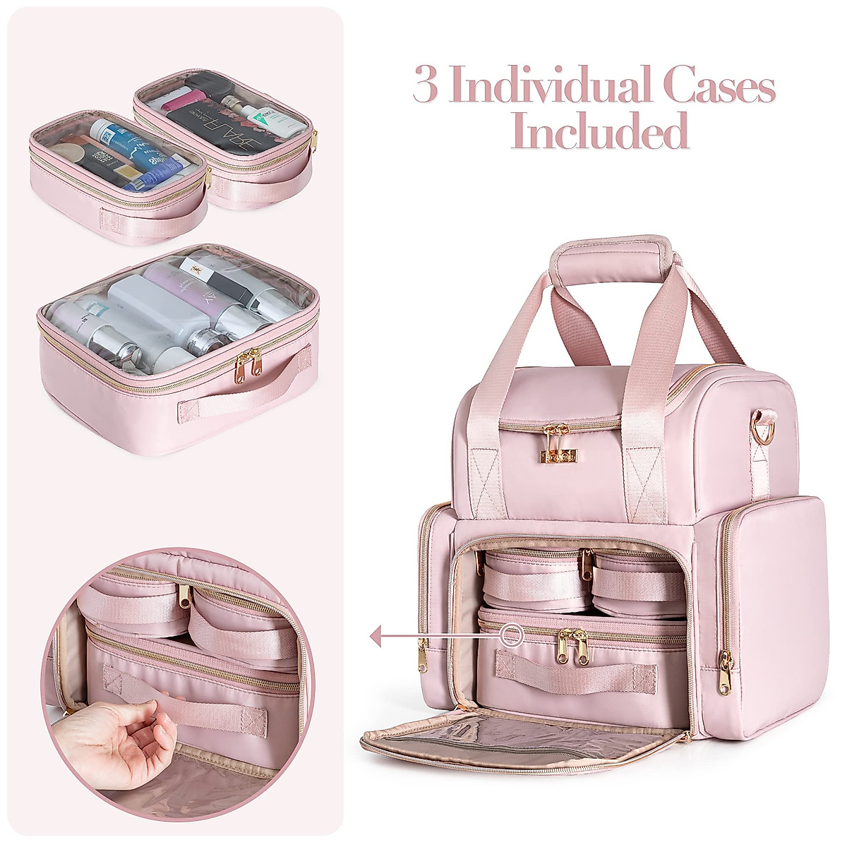 Prokva Large Makeup Cosmetic Bag with 3 Removable Case, Double Layer Travel Makeup Organizer Case with Inner Dividers and Makeup Brushes Storage Section, Pink (Patented Design)