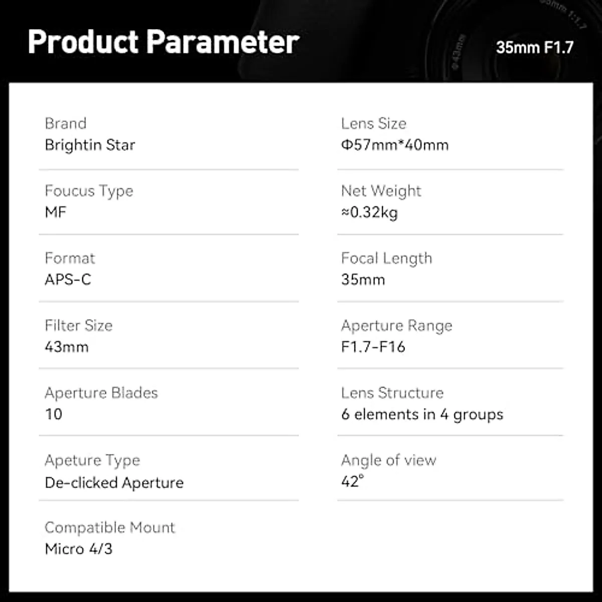 Brightin Star 35mm F1.7 Wide-Angle Manual Focus Prime Lens for Panasonic Olympus Micro 4/3 Mirrorless Cameras, MFT APS-C Large Aperture, Fit for LUMIX G7, G7KS, GX85, GX9, G95, GH5, GH6, G100, G9