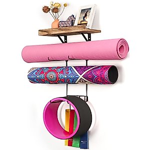 Bikoney Yoga Mat Holder Wall Mount Yoga Mat Storage Home Gym Accessories with Wood Floating Shelves and 4 Hooks for Hanging Foam Roller and Resistance Bands Fitness Home Gym Carbonized Black
