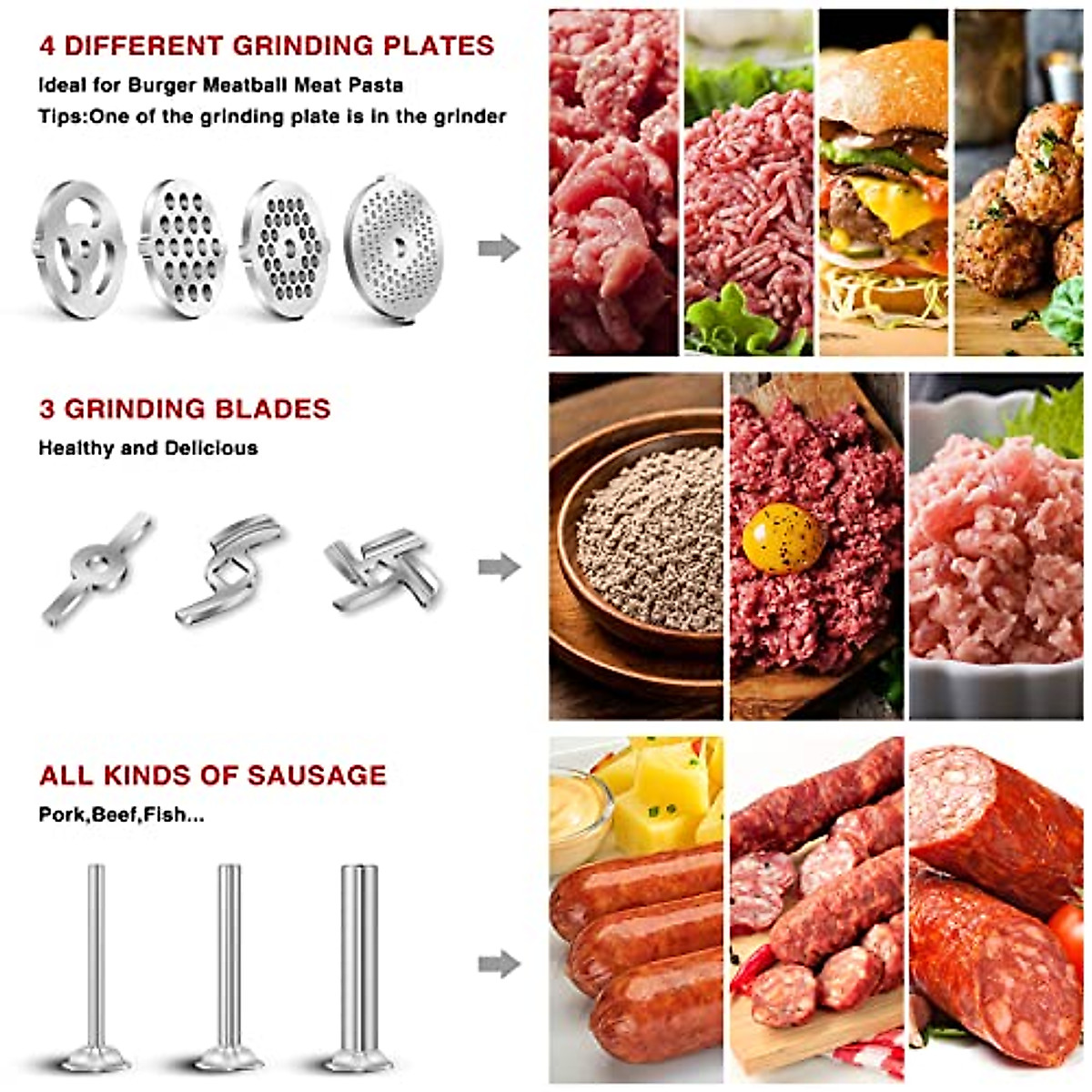Metal Food Grinder Attachment for KitchenAid Stand Mixers, AMZCHEF Meat Grinder Attachments Included 3 Sausage Stuffer Tubes & A Holder,4 Grinding Plates,2 Grinding Blades, Burger Press,Cleaning Brush