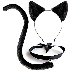 OLYPHAN Cat Ears and Tail Costume Accessories Anime Ear Clips Headband Black Tail Long/Choker for Cosplay Cat Costume Set Animal Ears Hair Clip for Women, Halloween, Neko Accessory Kit