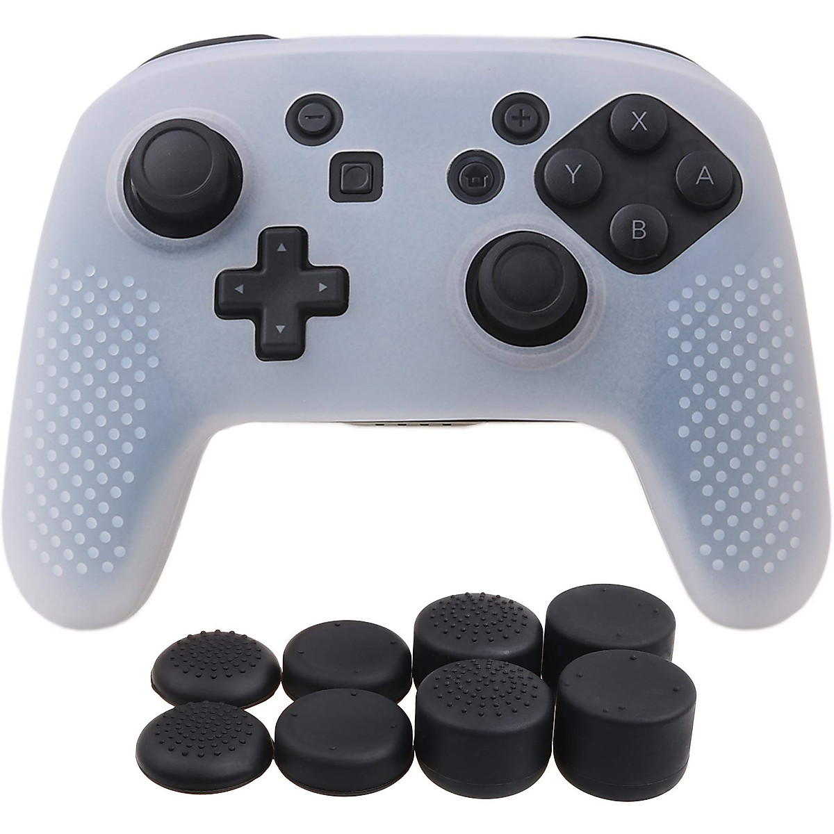 Silicone Gel Rubber Protector Protective Skin Case Cover + 8PCS Joystick Grips Analog Stick Caps for Nintendo Switch Pro Controller (White)