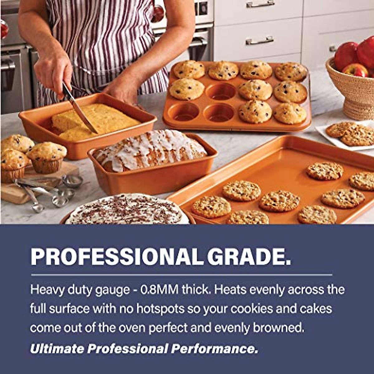 Gotham Steel Non Stick Ceramic Bakeware Set, 5 Piece No Warp & Dishwasher Safe Baking Set, Baking Pans Set with Round & Square Baking Pan, Muffin Pan, Loaf Pan & Baking Sheet for oven, 100% PFOA Free