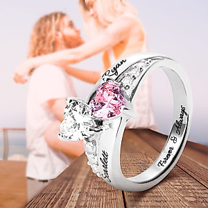 Roseinside Personalized Double Heart-Shaped Birthstone Sterling Silver Ring Couple Promise Rings for Her Engraved 2 Birthstones and Names mothers ring anniversary ring Gift for Her Wife Valentine's Day Anniversary