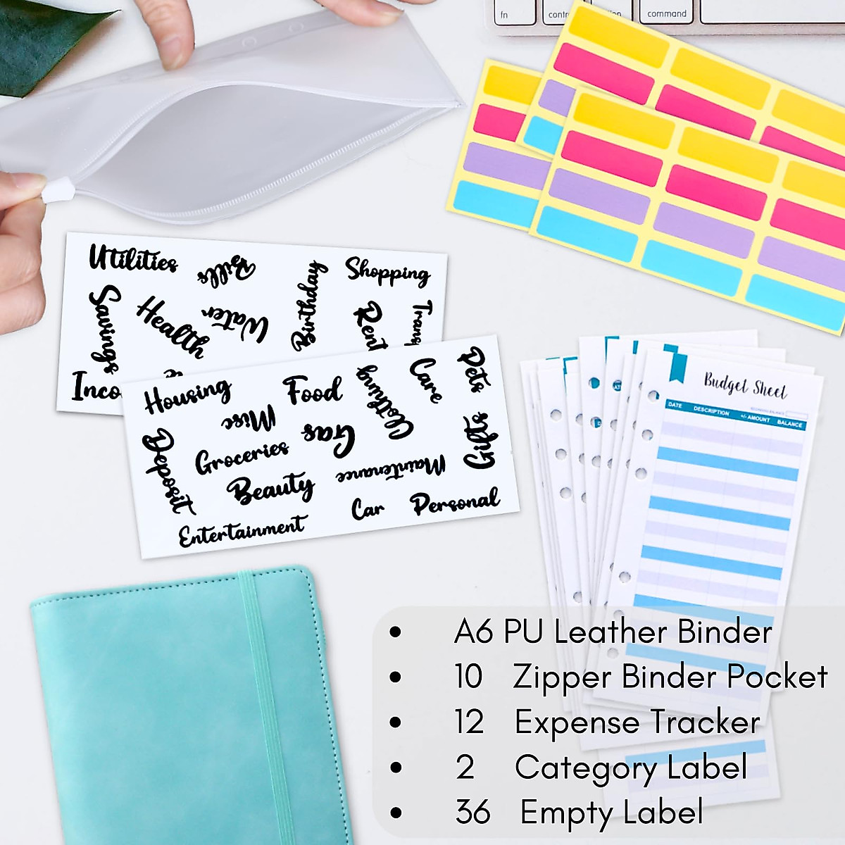 LINTRU Budget Binder with Zipper Envelopes, Money Organizer for Cash, A6 Binder with 10pcs Cash Envelopes for Budgeting, 12pcs Budget Sheets and 36pcs Stickers for Savings Binder (Ice Green)