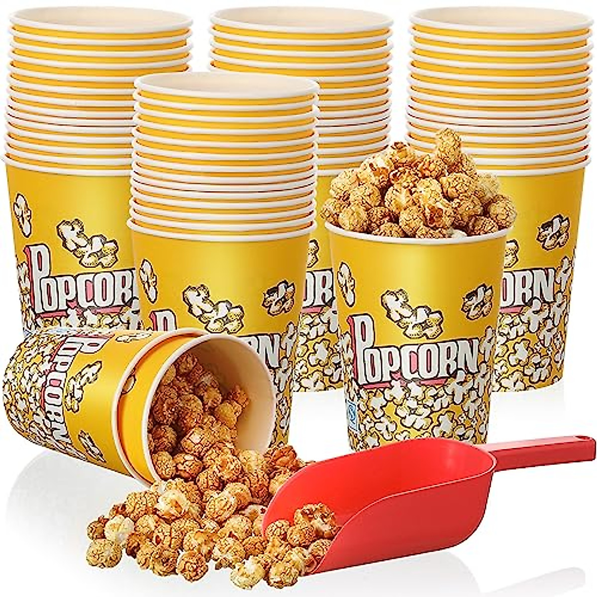 Colarr 31 Pack 32 oz Popcorn Buckets Reusable Popcorn Container Greaseproof Paper Popcorn Tub with Plastic Popcorn Scoop for Home, Theater Movie Night, Circus, Carnival Theme Party Decorations