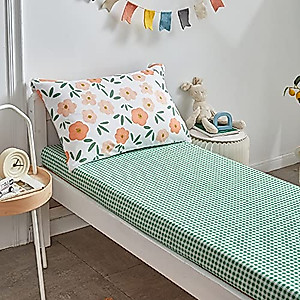 4 Pieces White Girls Toddler Bedding Set Orange Floral Style - Includes Adorable Quilted Flower Comforter, Green Plaid Fitted Sheet, Top Sheet, and Pillow Case for Girls Bed