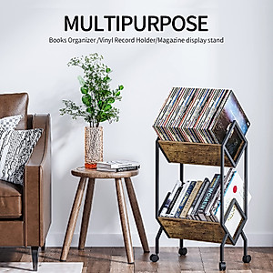 Giikin 2-Tier Vinyl Record Storage Holder, Holds up to 160-200 LPs, Mobile Metal and Wooden Vinyl Record Organizer Stand with Casters, Storage, Protects Vinyl - Organize Albums - Book, Magazine, Files