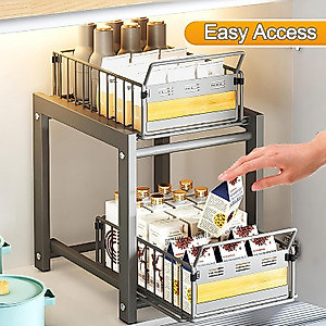 Fangtueh Under Sink Organizer, 2-Tier Pull Out Under Sink Organizers and Storage, Stainless Steel Under The Sink Organizer Bathroom Kitchen Sink Cabinet Organizer Undersink Organization, 1Pack Black