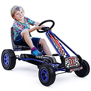 HOMGX Pedal Go Kart, Outdoor Kids Off-Road Pedal Go Kart with 2-Position Adjustable Bucket Seat, 4 Steering Wheel, 2 Safety Brakes, EVA Rubber Tires, Pedal Powered Ride On Kart for Boys, Girls (Blue)