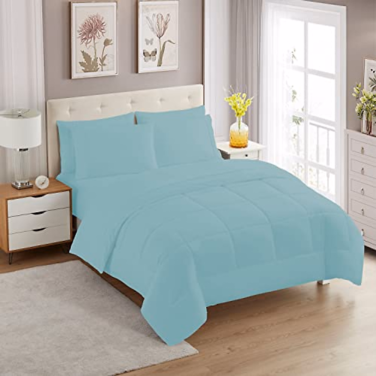 Sweet Home Collection 7 Piece Comforter Set Bag Solid Color All Season Soft Down Alternative Blanket & Luxurious Microfiber Bed Sheets, Misty Blue, Full