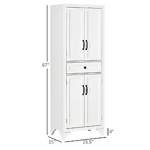HOMCOM 67" Tall Freestanding Kitchen Pantry Cabinet, 4-Door Storage Cabinet with Drawer and Adjustable Shelves for Dining Room, White