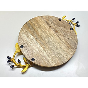 Robalo Acacia Wood Round Serving Tray with Metal Handles, 25cm Width, Brown