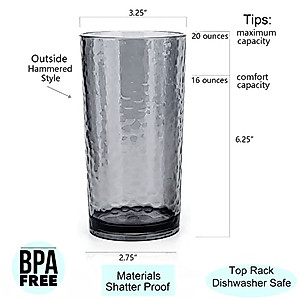 KX-WARE 14-ounce and 20-ounce Acrylic Glasses Plastic Tumbler, set of 8 Smoky Grey - Hammered Style, Dishwasher Safe, BPA Free