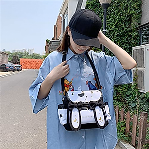 JQWYGB Japanese School Bag Kawaii Backpack Aesthetic with Cute Bow Tie Ear, Womens Girls Moon Star Printed Ita Bag Shoulder Messenger Bag for School (Black)