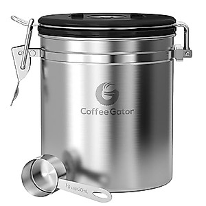 Coffee Gator Stainless Steel Canister - Medium 16oz, Silver Coffee Grounds and Beans Container with Date-Tracker, CO2-Release Valve, and Measuring Scoop - Ideal Coffee Lovers Gifts for Her