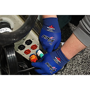 MCR Safety Gloves N9696M Ninja Lite Work Gloves 18 Gauge Blue Nylon Shell Polyurethane (PU) Coated Palm and Fingertips, Medium ,Black/Blue