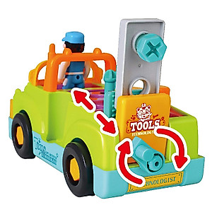 Toddler Tool Set Toy Trucks Kids Mechanic Workbench Take Apart Musical Toolbox with Electric Drill, Power Play Tools, Lights, Bump and Go Building Toy for 2 Year Old Boys