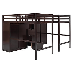 Lifeand Double Twin Loft Beds with Wardrobes and Staircase, Espresso