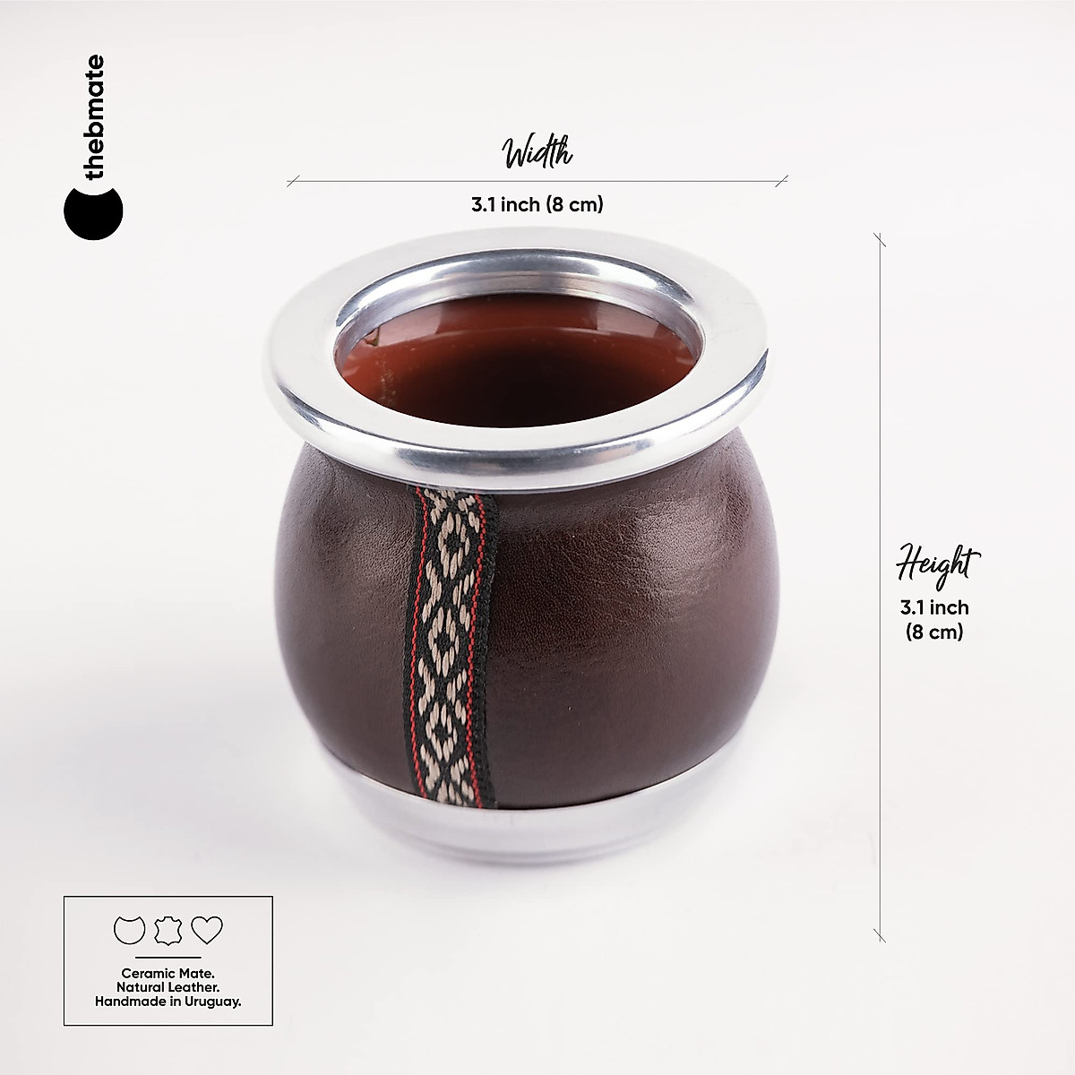 thebmate [Premium Yerba Mate Cup (Mate Gourd) - Crafted Ceramic Teacup - Brown Leather Wrapped Handmade in Uruguay - Mate Tiny - Camionero Style (Dark Brown)
