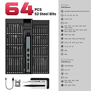 KAIWEETS 70-in-1 Mini Electric Screwdriver, Rechargeable Cordless Screwdriver Set with 64 S2 Magnetic Bits, 5 Gears Torque, 4 LED Lights, Power Screwdriver for Precision Work Phone Camera Laptop Watch