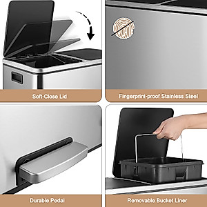 finetones Dual Step Trash Can, 16 Gallon (2×30L) Stainless Steel Garbage Can with 2 Soft-Close Lid and 2 Removable Inner Wastebasket, Bin Body with Handle for Kitchen, Home Office, Silver