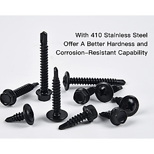350PCS Self Tapping Screws Assortment, Black #8 Self Tapping Screws for Metal & Plastic with 410 Stainless Steel, Hex Washer Head & Phillips Round Head Self-Tapping Screws for Building & Repair