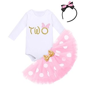 IBTOM CASTLE 2nd Birthday Outfit Girl Cake Smash Two Wild Sweet Bodysuit Romper +Sequin Polka Dots Tulle Tutu Dress+Headband 2 Year Old Birthday Party Clothes Pink-two 2 Years